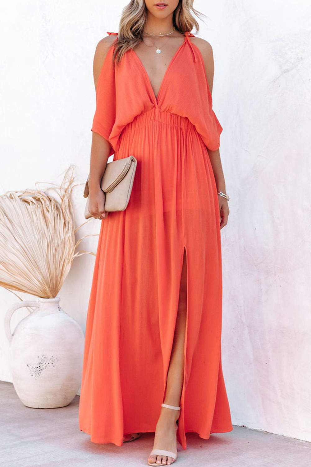 Zingj Hot Summer Sexy Dress Ins Shoulder Side Slit Back Deep V Collar Dress