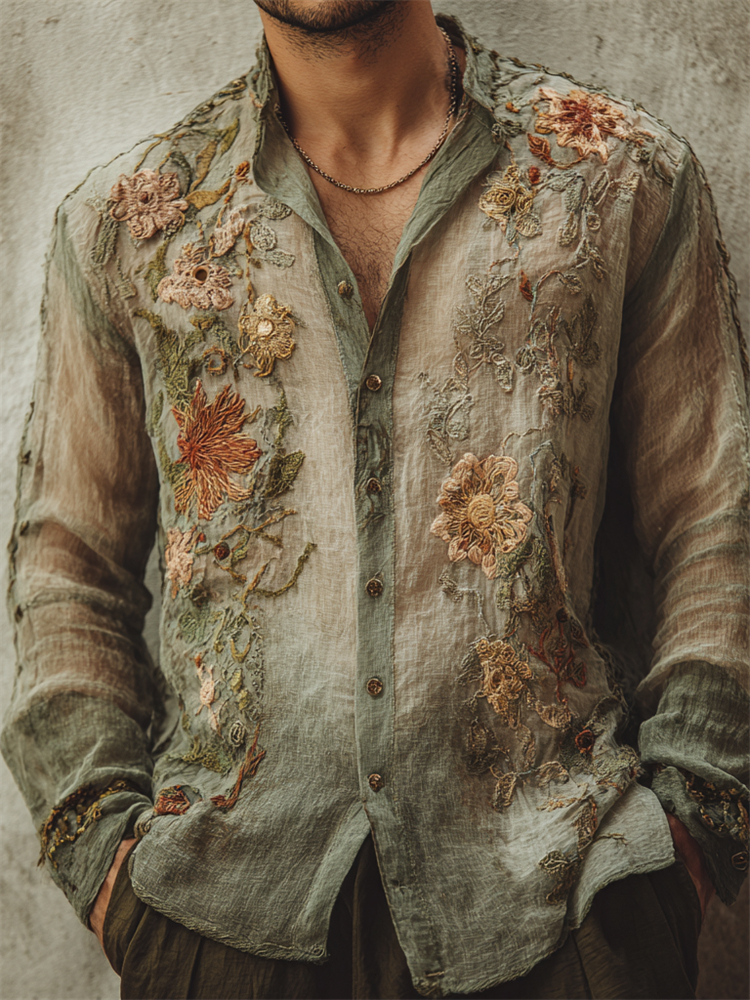 Men s Vintage Boho Floral Embroidered Flowy Linen Shirt 35a8 Men s Vintage Boho Floral Embroidered Flowy Linen Shirt 35a8