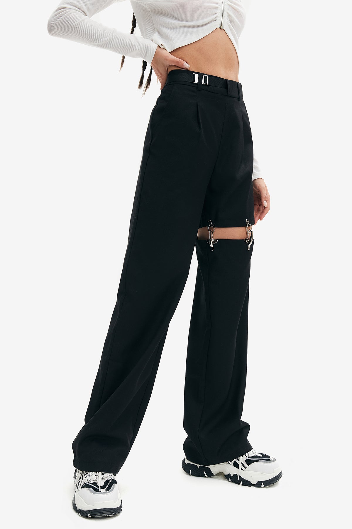 Chain Detail Cut Out Straight Pants