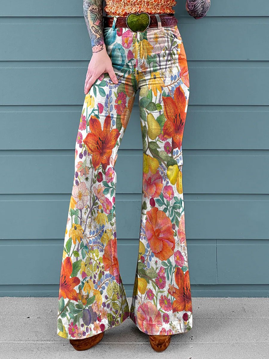 Womens Vintage Flowers Print Mid Waist Buttoned Hem Bootcut Jeans