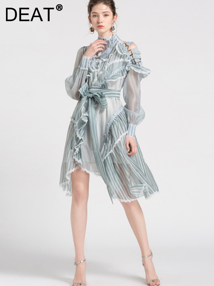 Woherb Women Asymmetrical Bow Organza Metal Button Runway Dress New