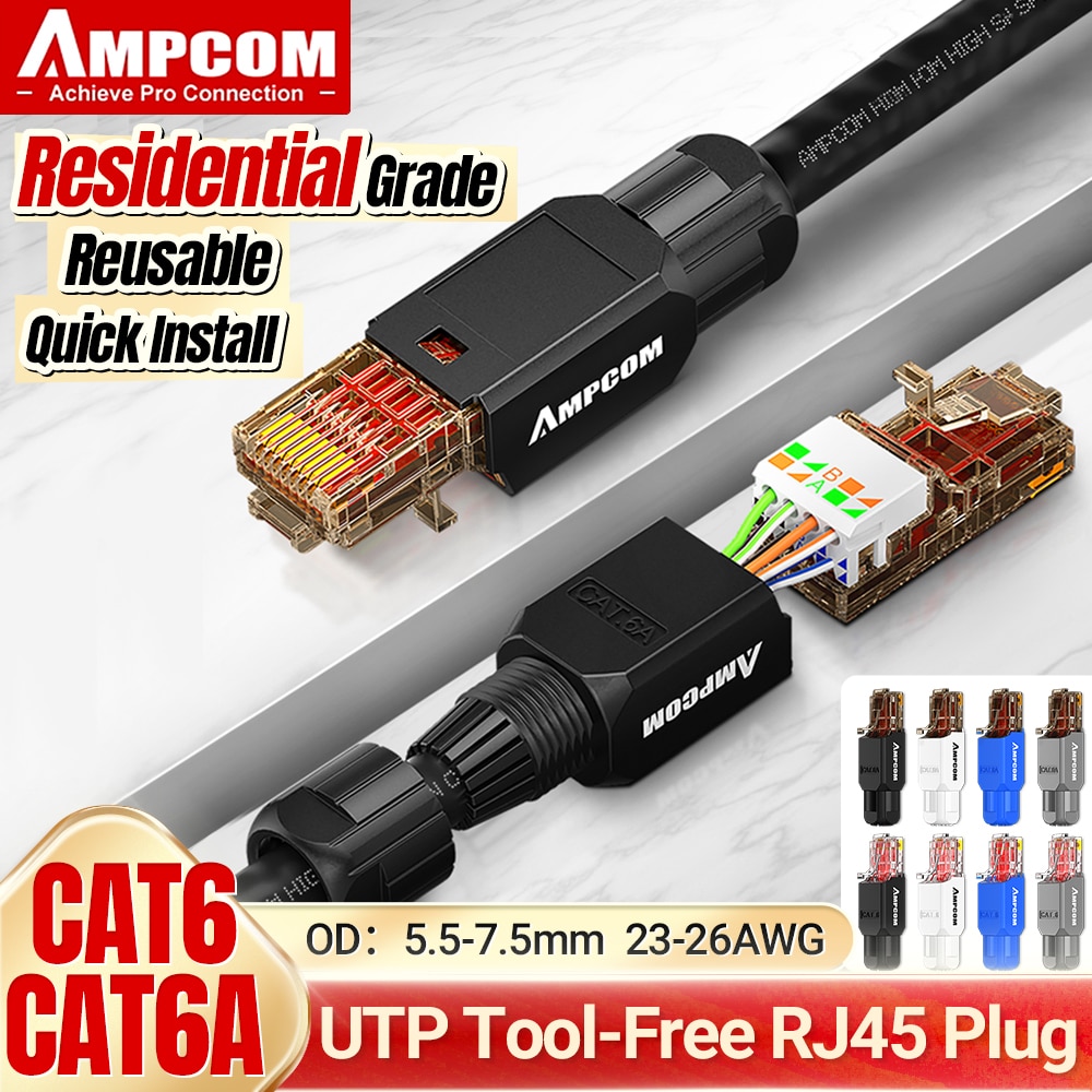 AMPCOM RJ45 Connector Tool Free CAT6A CAT6 10Gbps UTP Field Modular Plug Tool free Ethernet ...