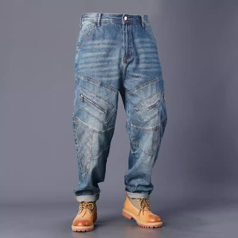 denimsuper Loose Straight Fit Washed Denim Multi-Pocket Patchwork Cargo Pants