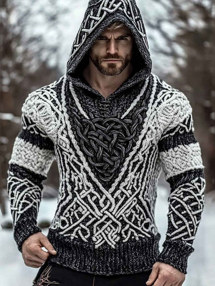 Men's Viking Jacquard Inspired Celtic Hooded Sweater