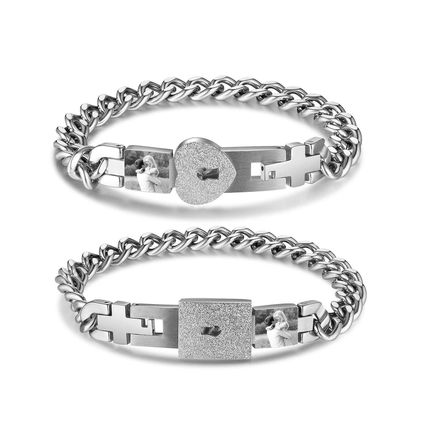Personalized Cuban Chain Magnetic Couple Bracelets With Photo Key And