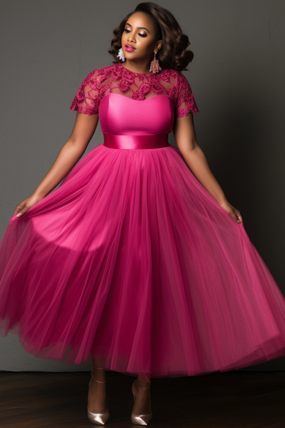 Xpluswear Design Plus Size Cocktail Party Hot Pink Lace Round Neck