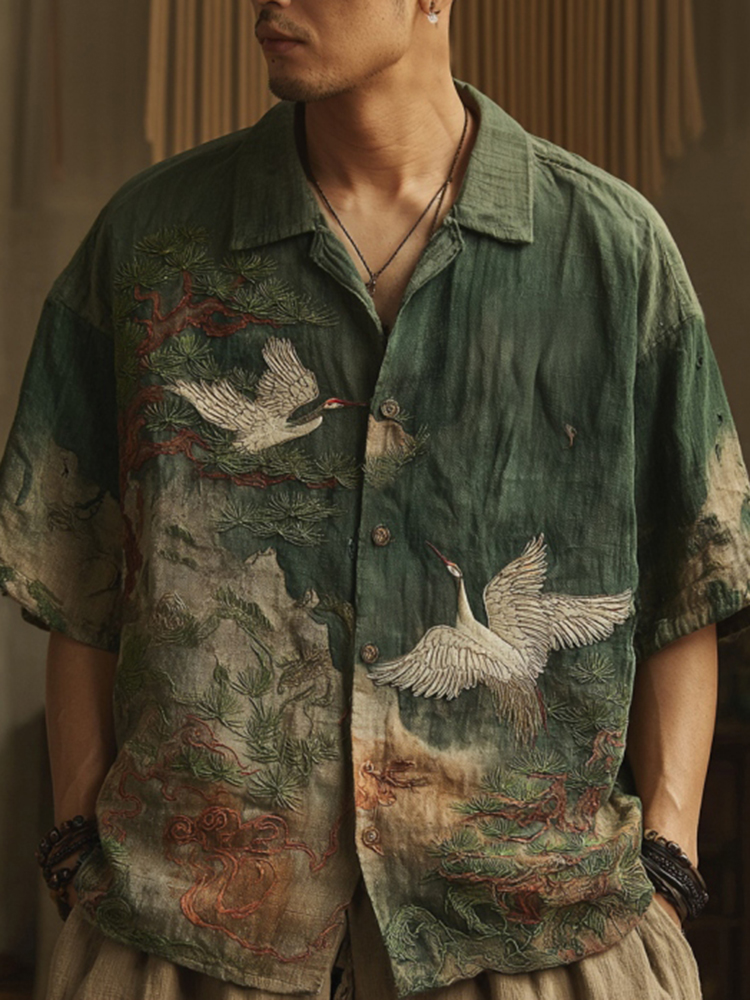 Japanese Cranes & Pine Trees Embroidered Linen Shirt