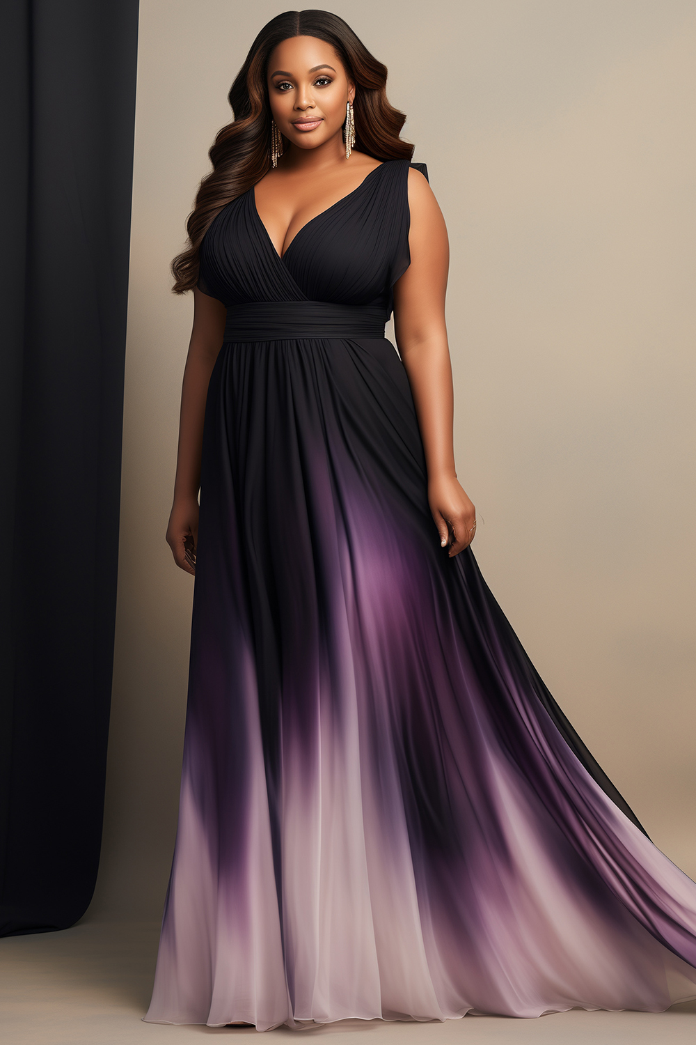 Xpluswear Design Plus Size Formal Purple Gradient Wrap Neck Sundress Maxi Dresses [Pre-Order ...