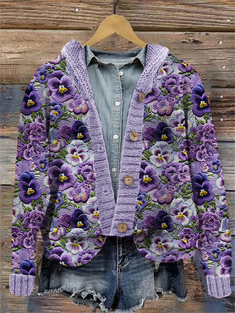 Pansy Flowers Embroidery Pattern Cozy Knit Hooded Cardigan