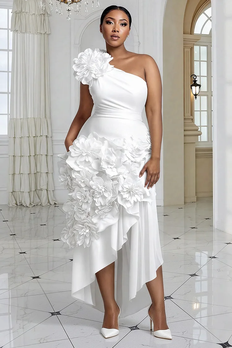 Xpluswear Design Plus Size Wedding White One Shoulder 3D Asymmetric Hem ...
