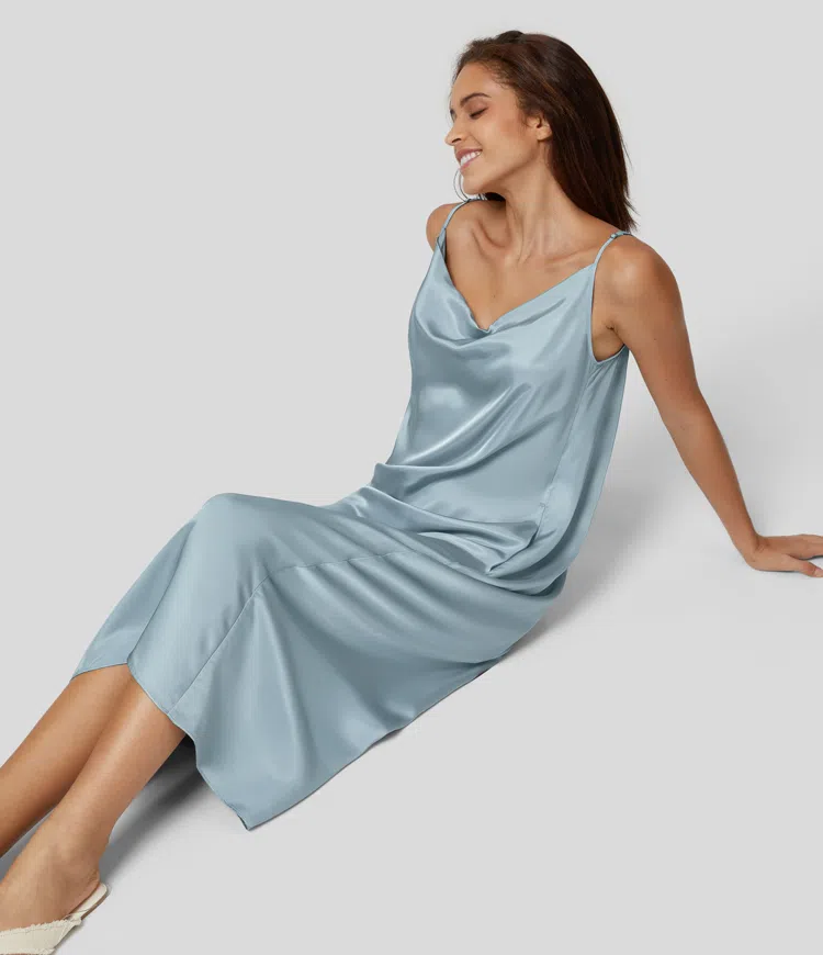 Cowl Neck Backless Back Button Side Pocket Solid Satin-Like Casual Slip ...