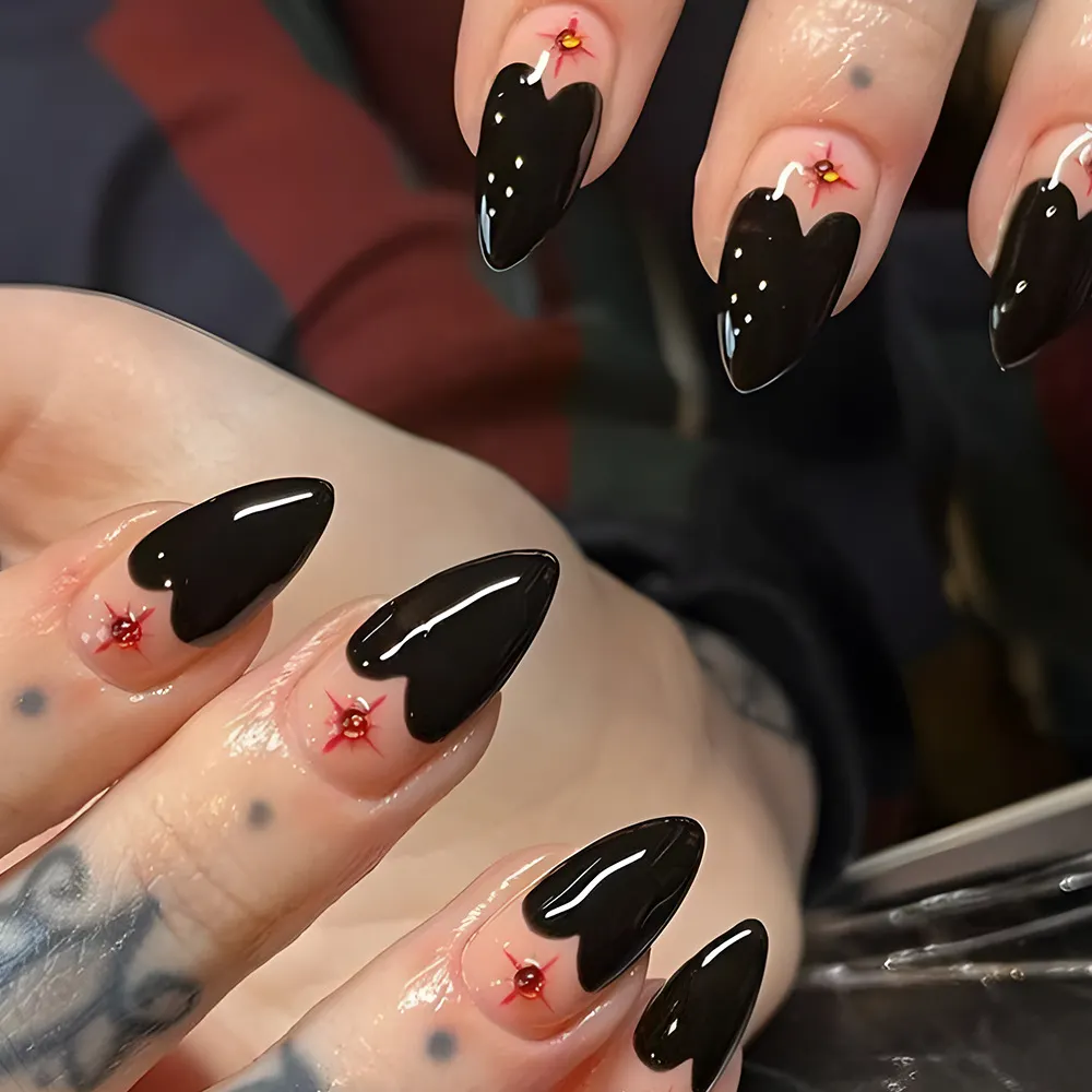 Churchf Churchf Black French Nail Blood Red Star Diamond Nail Patch Is ...