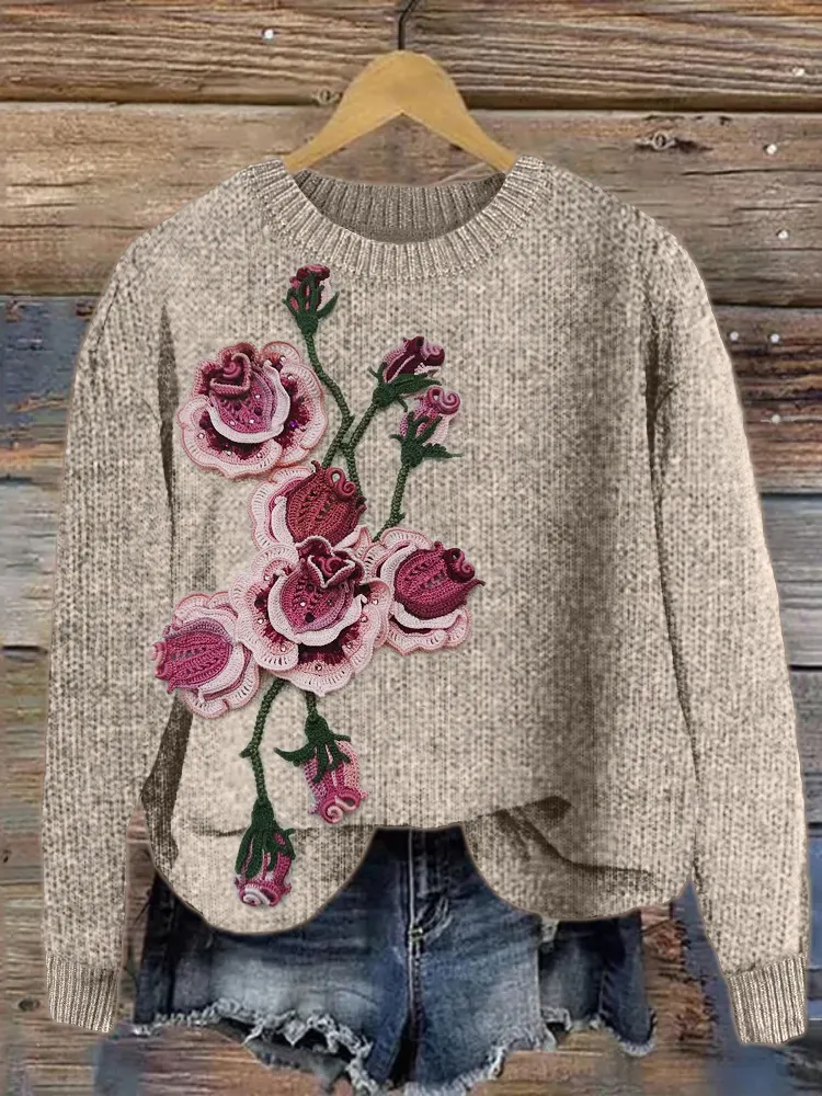 Classy Roses Crochet Art Cozy Knit Sweater