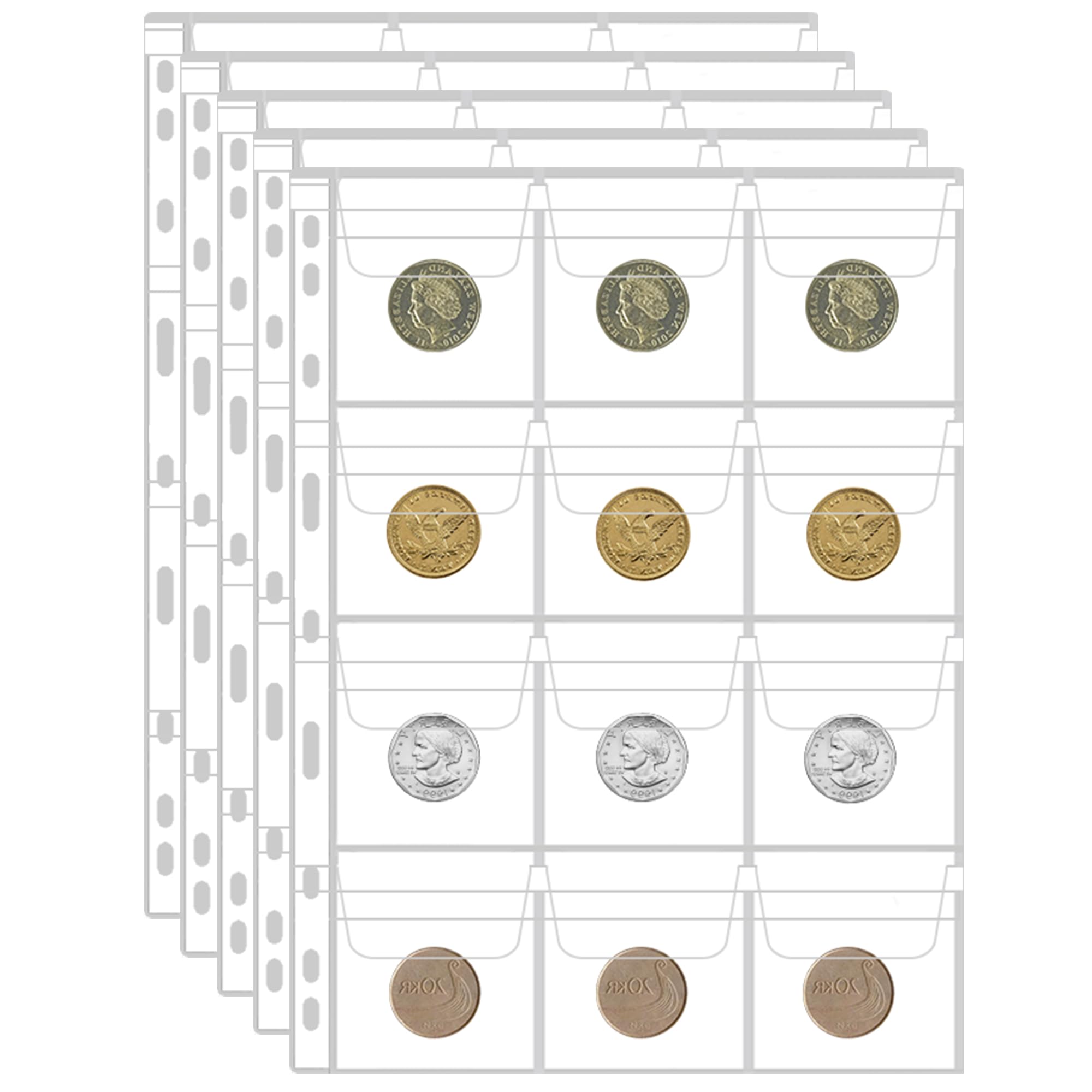 12 Pockets Coin Collection Sleeves,10 Sheets Standard 9-Hole Coin ...