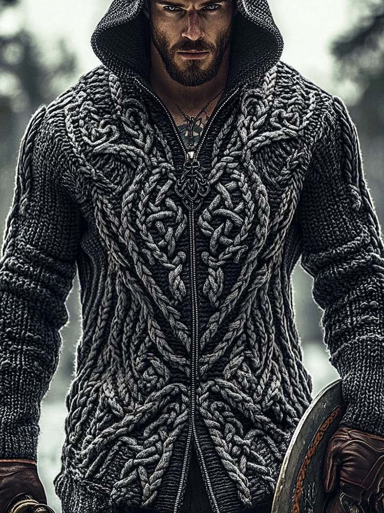Men's Viking Rune Jacquard Celtic Knit Zip-up Hooded Sweater