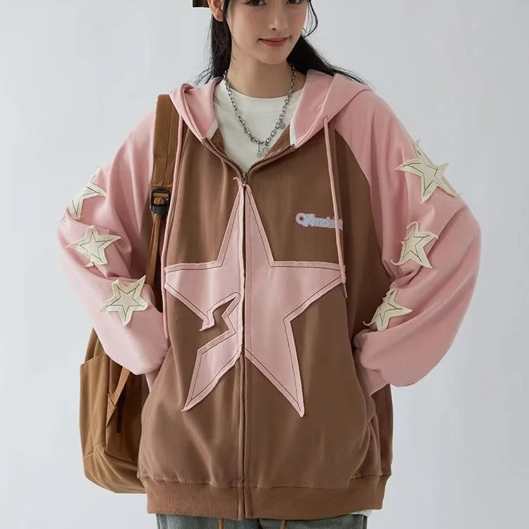 Y2K CONTRAST STAR PATCH ZIP UP HOODIE