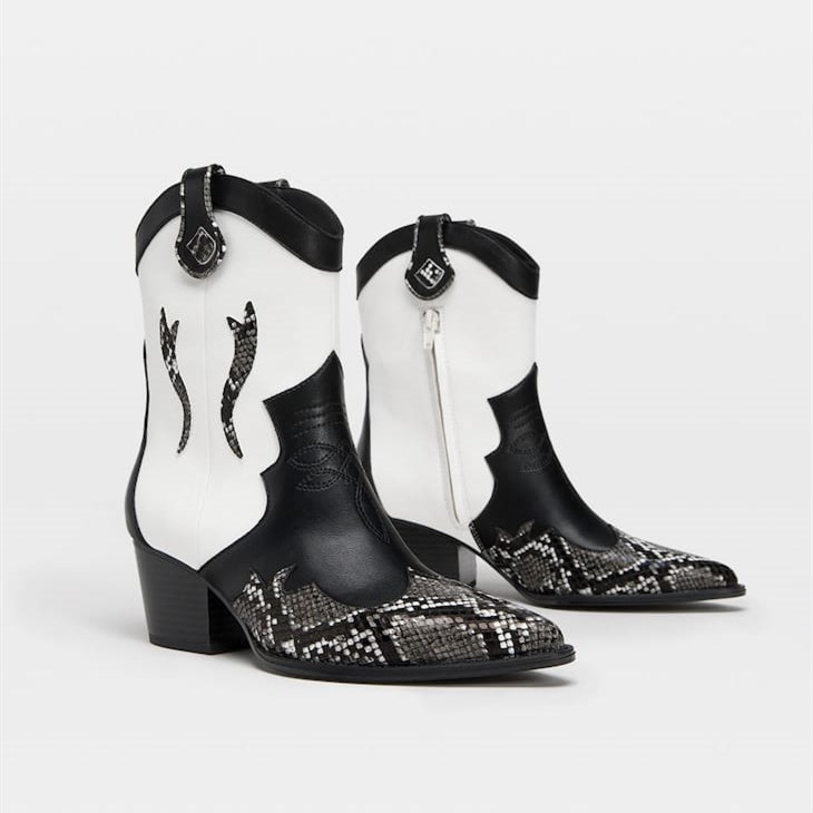 Black and White Block Heel Python Booties Fashion Cowgirl Boots|FSJshoes