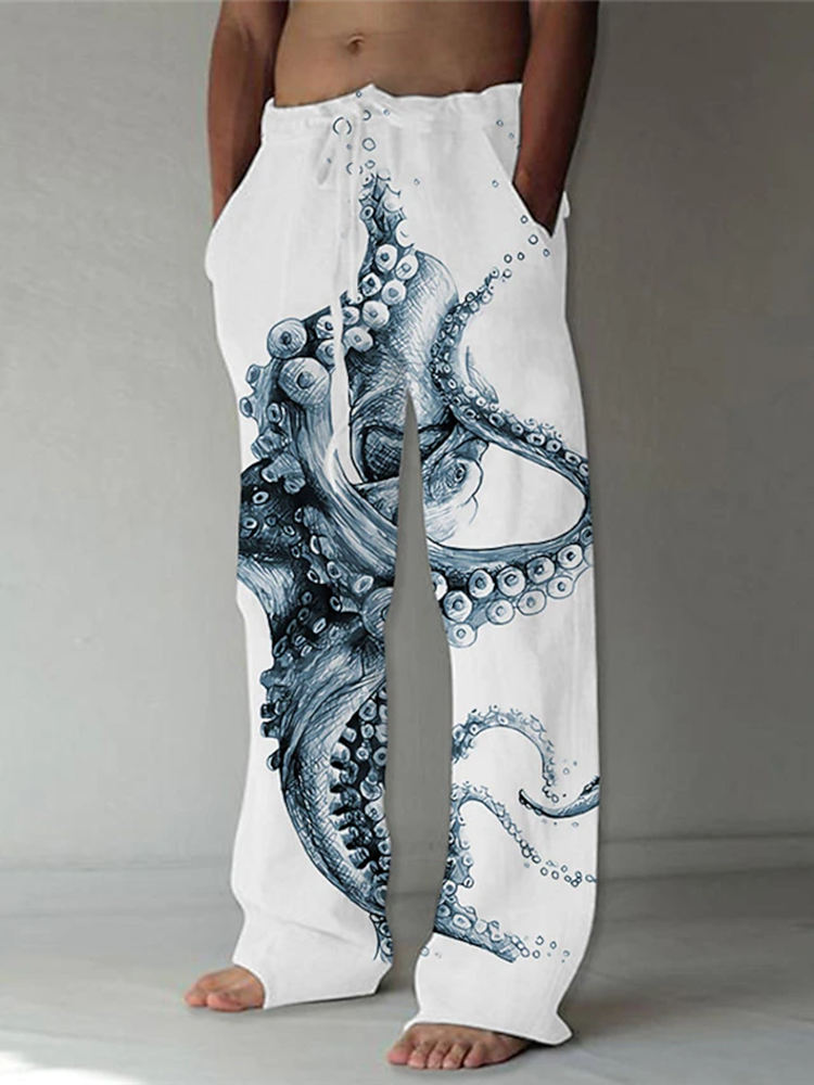 Japanese Octopus Art Print Linen Pants