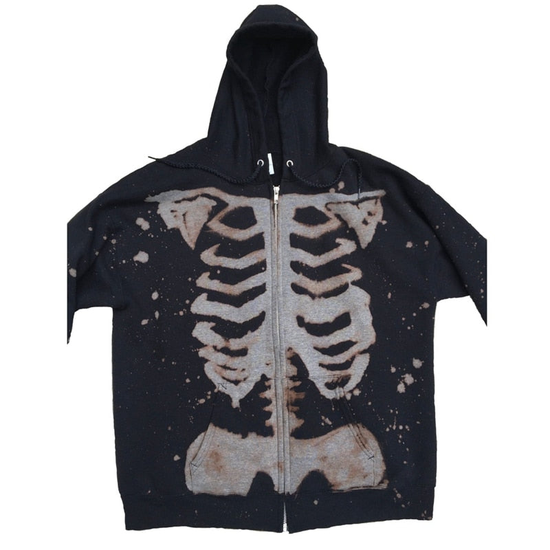 E-girl Gothic Diamonds Skeleton Jacket Coat Zip Up Hooded Autumn Black ...