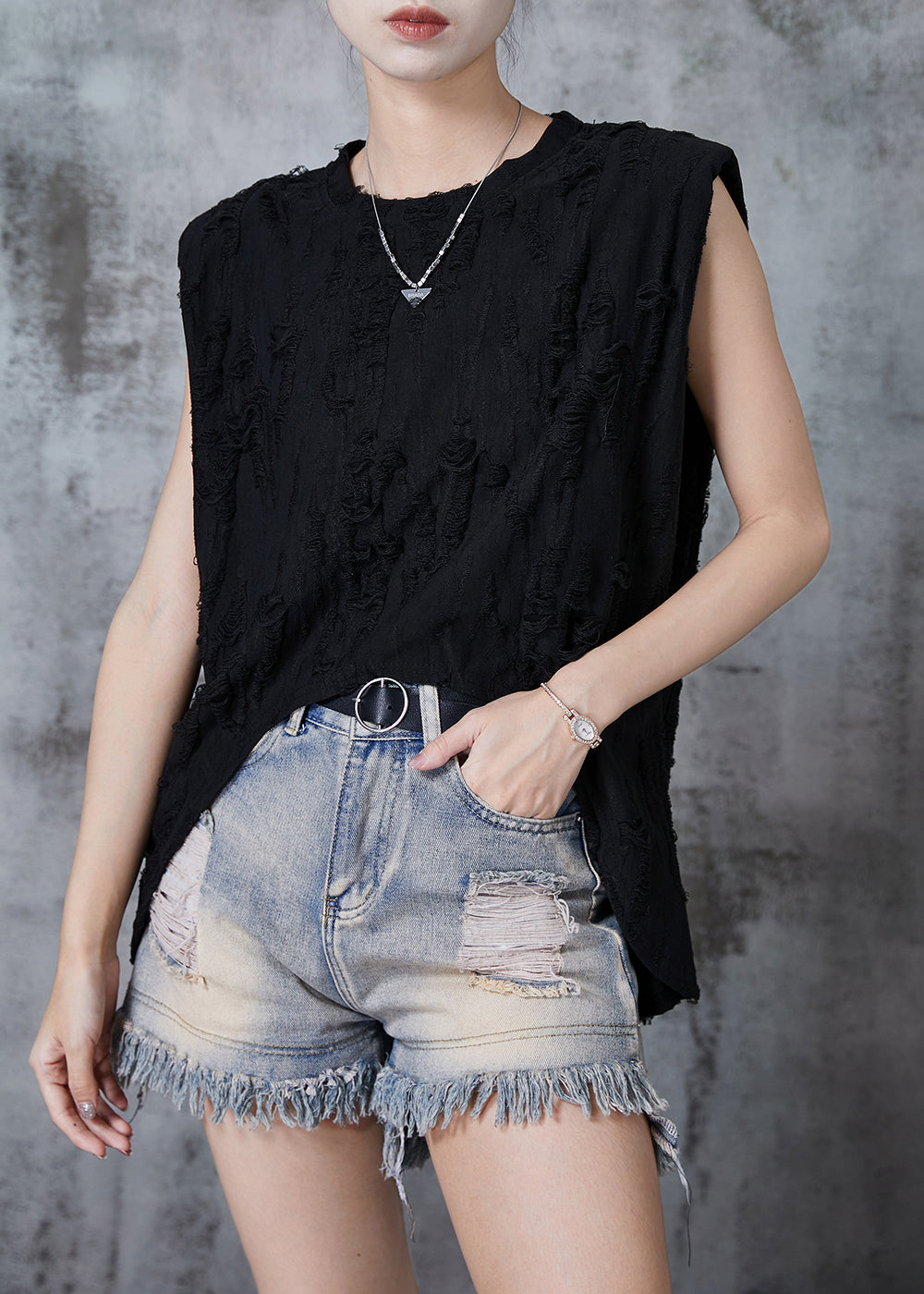 Black Cotton Ripped Tank Tops Asymmetrical Design Summer