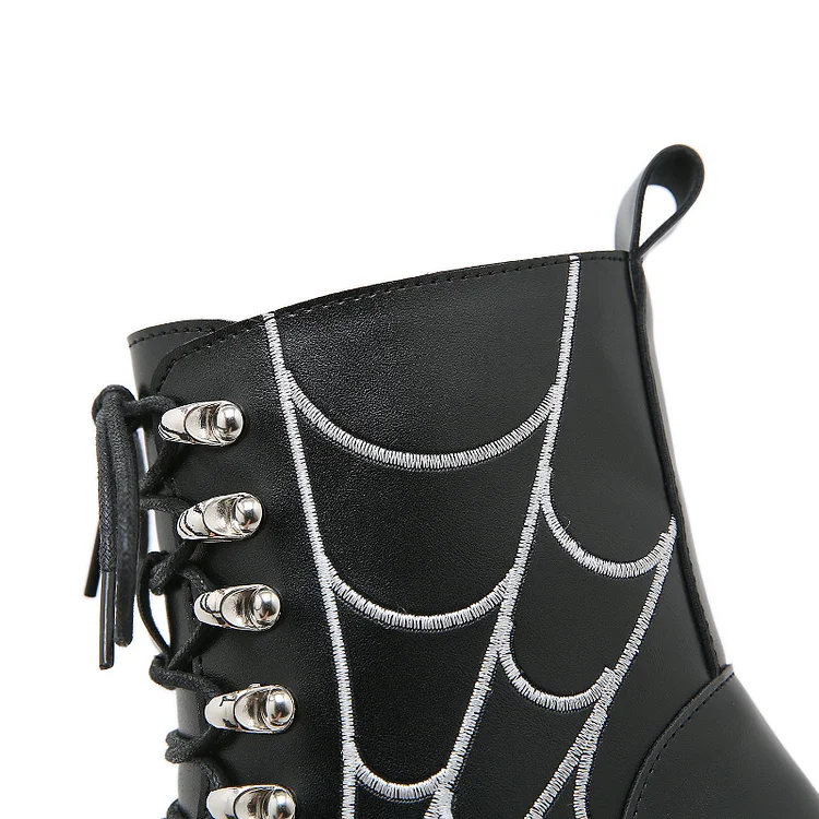 Gothic Spider Net Embroidered Lace Up Side Zipper Platform Boots