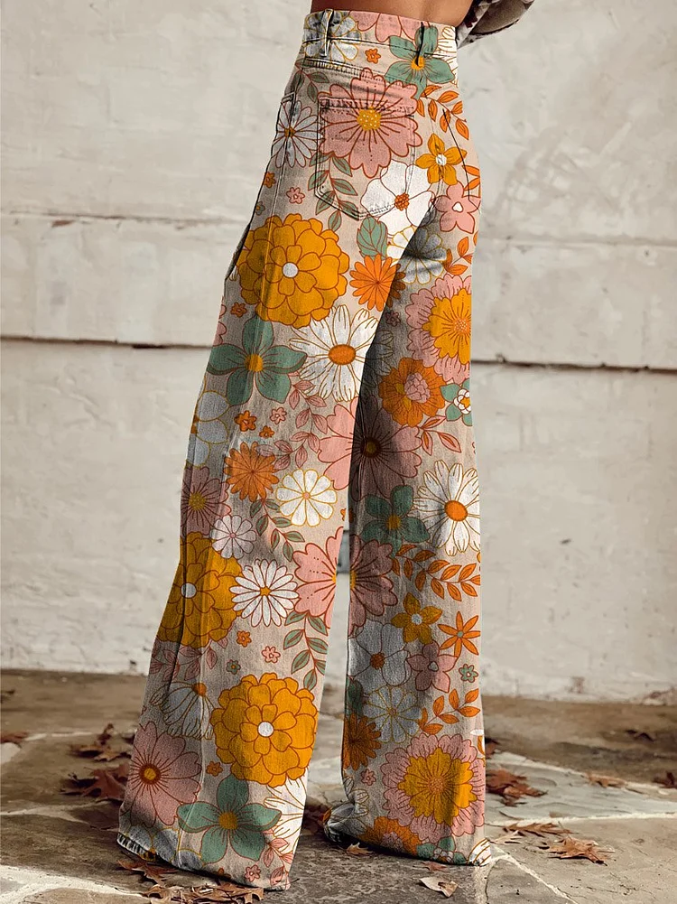 Women's Lovely Flowers Art Print Casual Wide Leg Pants