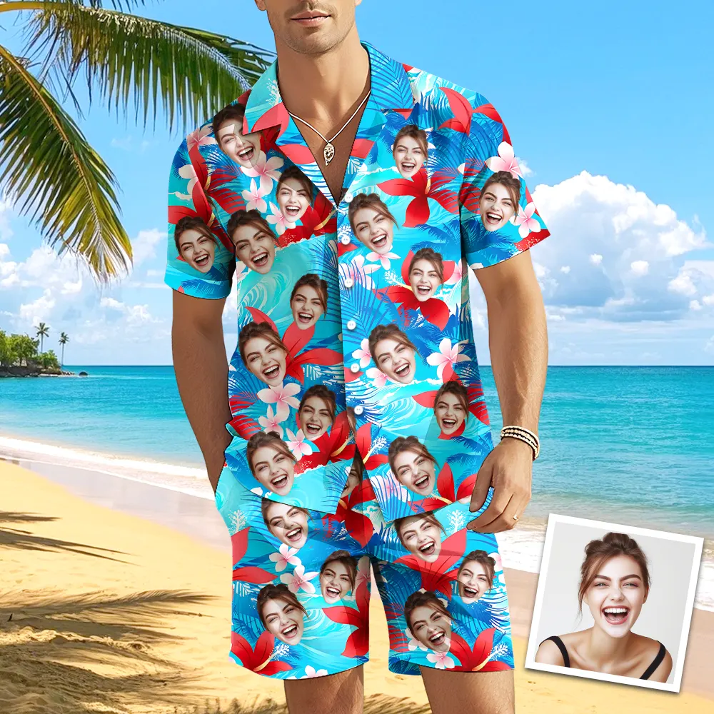 Personalized Mens Hawaiian Shirt and Short Set With Photo Print Custom ...