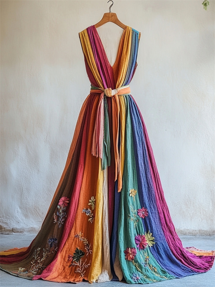 Lunivibe Floral Embroidered Rainbow Colorblock Linen Maxi Dress