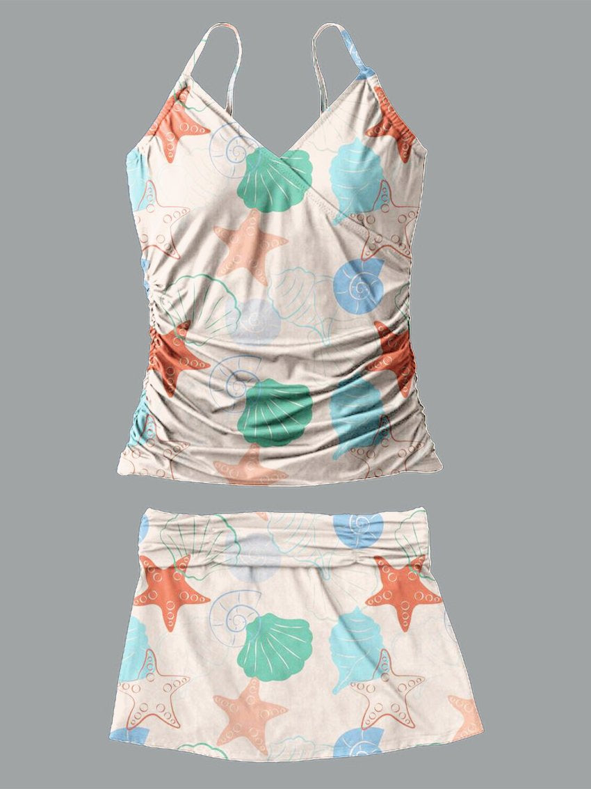 Women’s V-neck Sea Life Shell Conch Print Suspender Skirt Tankini Set ...