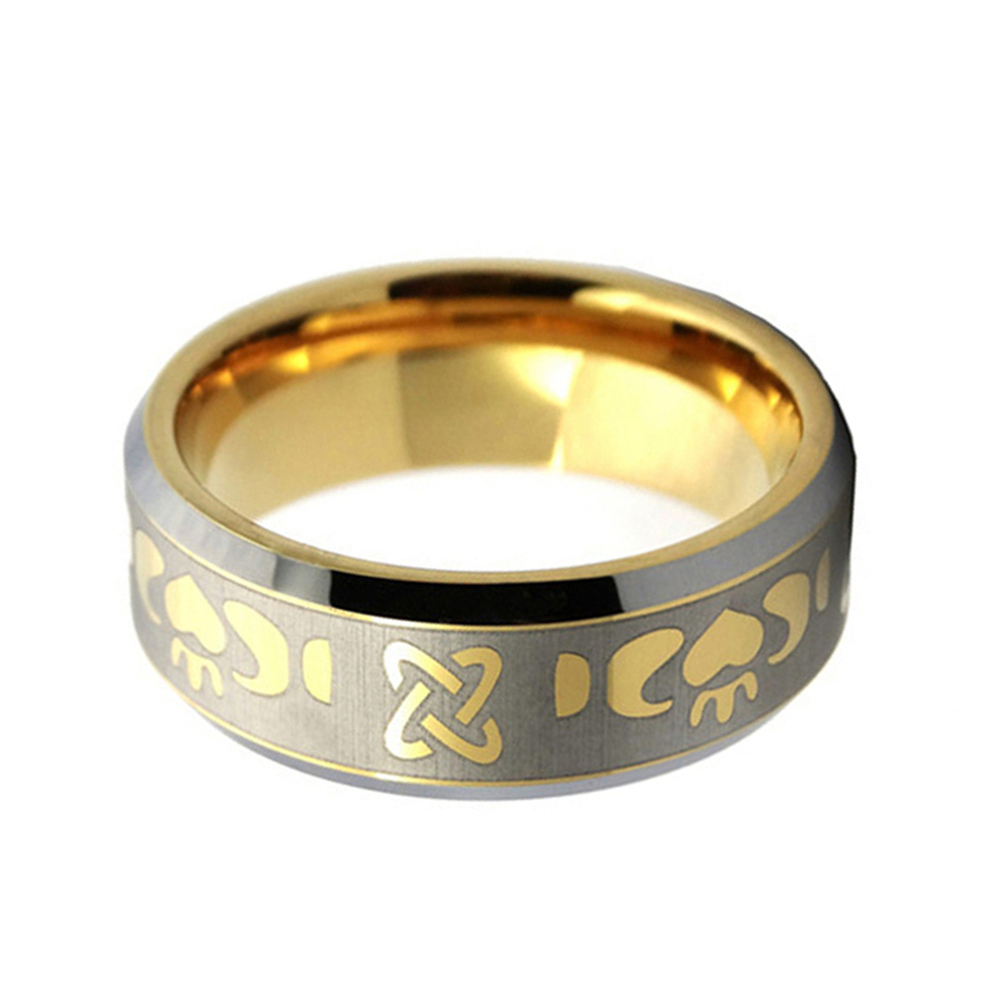 8MM Mens Gold Laser Pattern Tungsten Carbide Polished Beveled Edge ...
