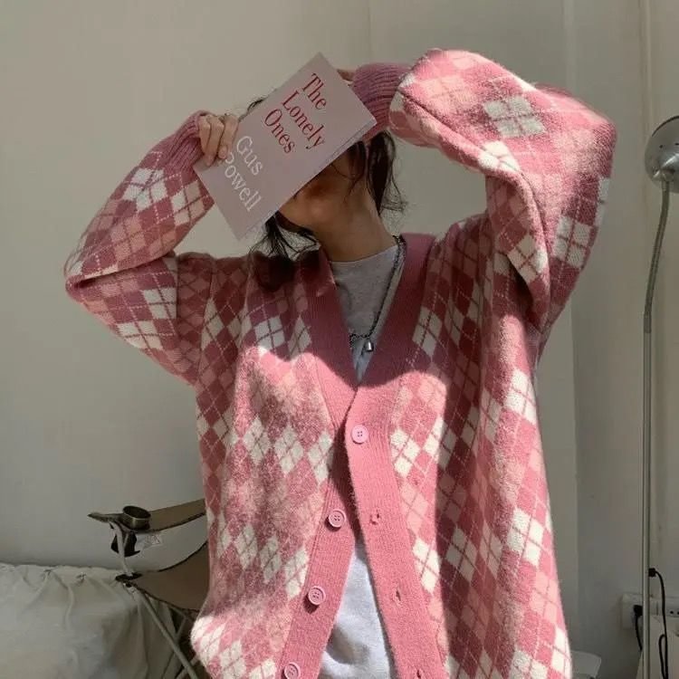 RHOMBUS LATTICE V-NECK LOOSE CARDIGAN