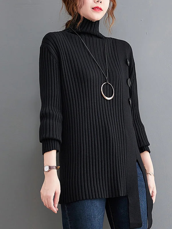 Urban Buttoned Split-Side Asymmetric Split-Joint High-Neck Sweater