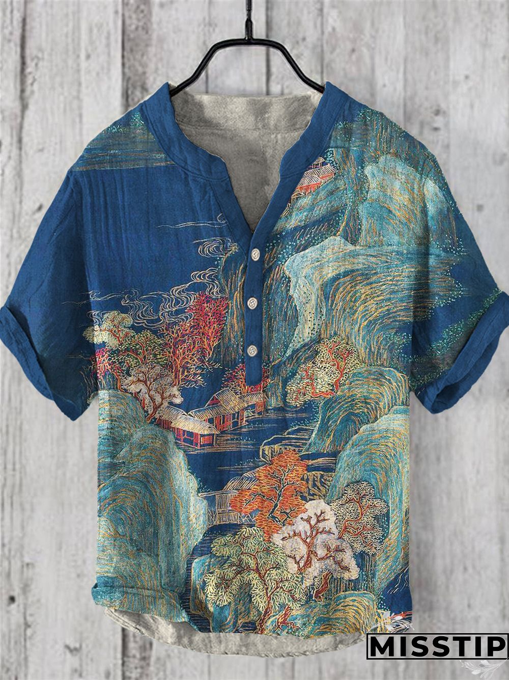 Japanese Landscape Print Linen Shirt - MissTip