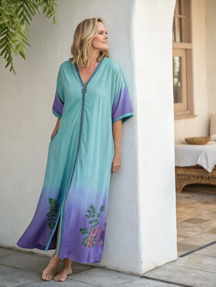 Cyan Gradient Leaves Pinted Zippered Cotton Robe