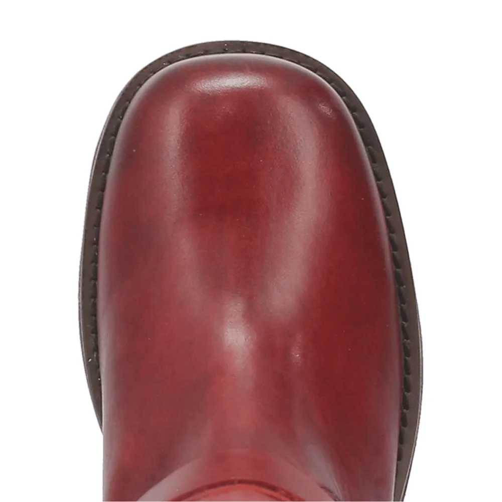 Red Star Inlay Round Toe Chunky Heel Mid-Calf Boots with Double Straps