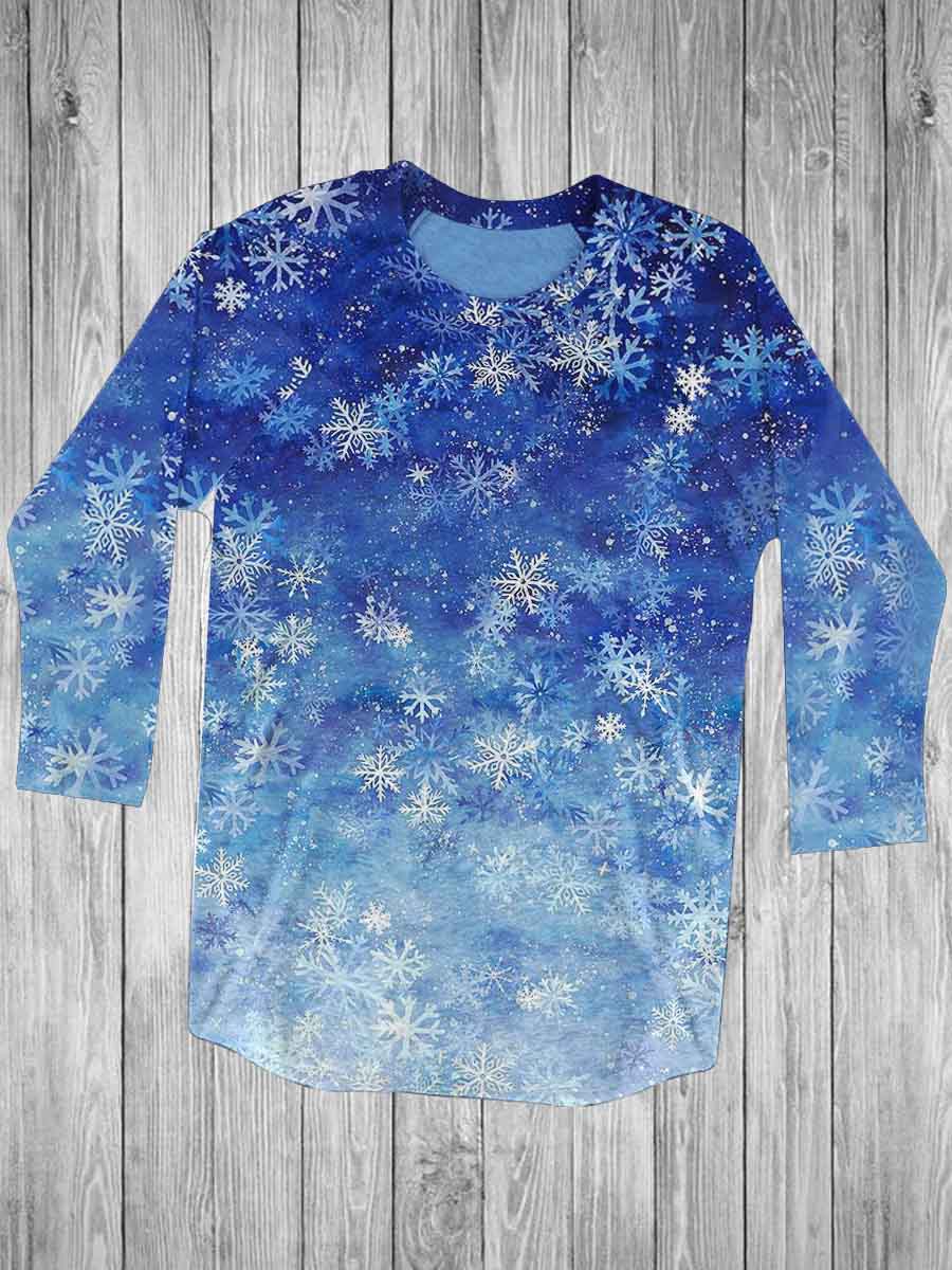 Christmas Snow Print 3/4 Sleeve Casual T-Shirt