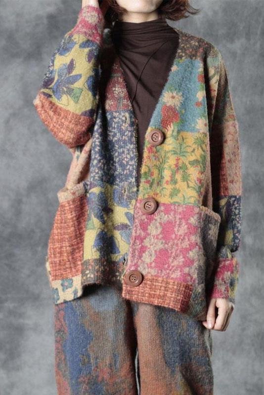 Autumn Colorful Flower Knitted Sweater Coat