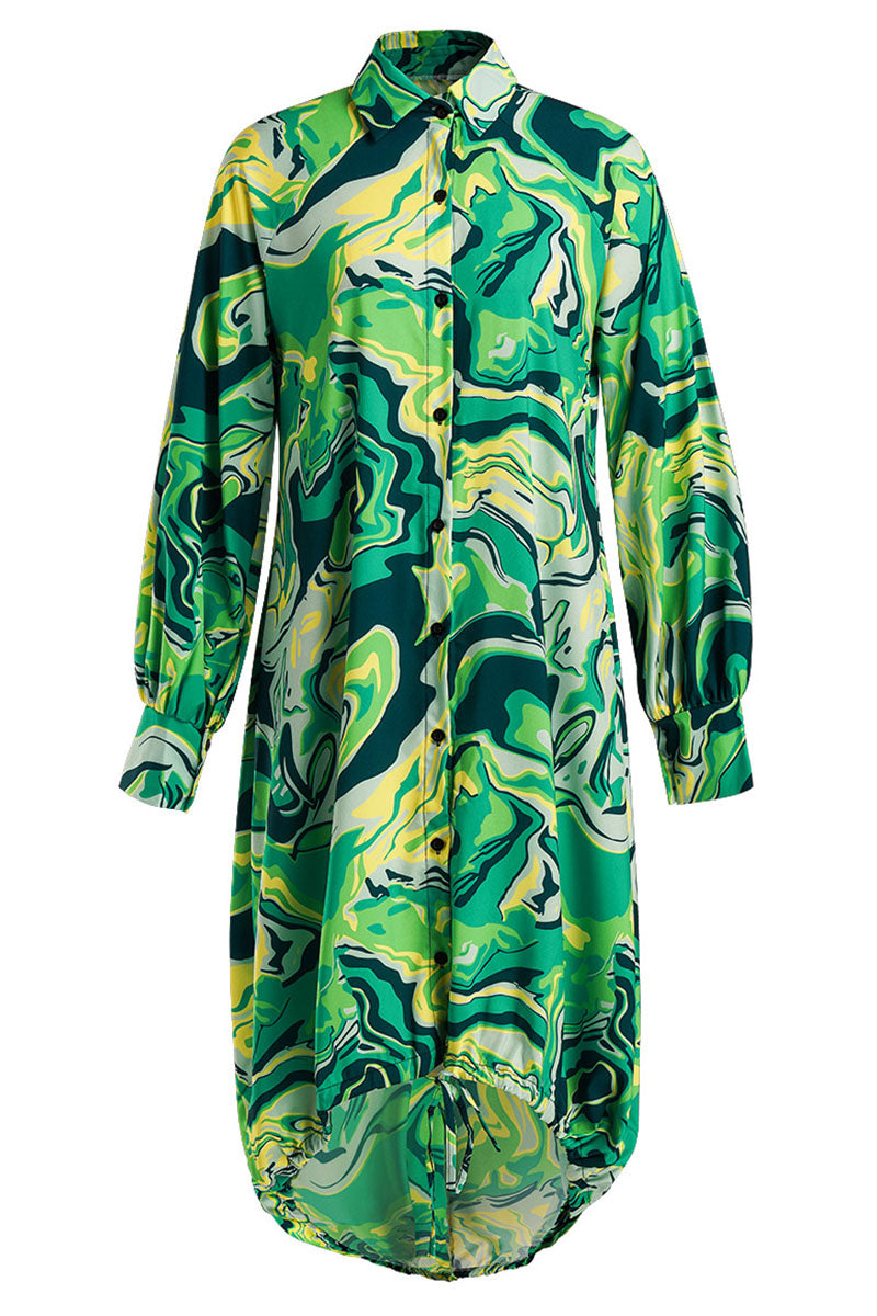 Sexy Print Draw String Asymmetrical Turndown Collar A Line Dresses