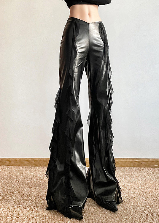 Original Black Tulle Ruffled Patchwork Faux Leather Flared Trousers Summer