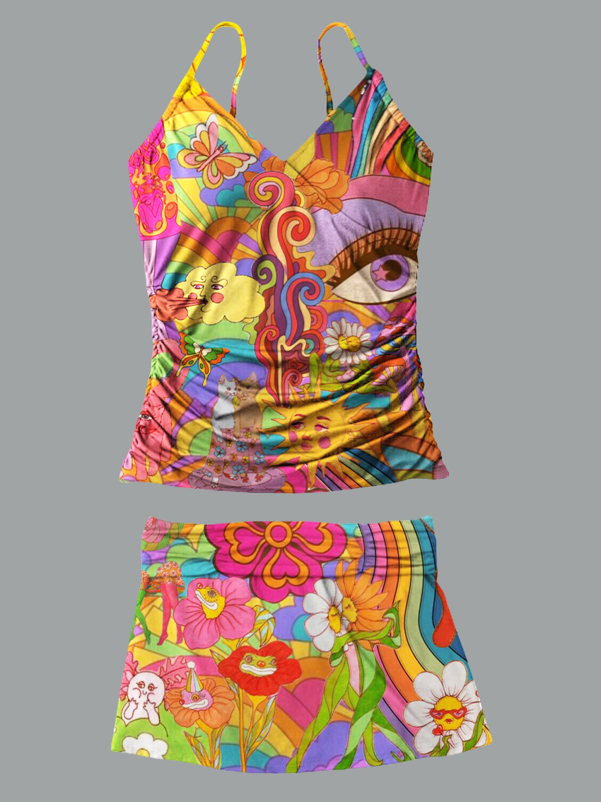 V-Neck Vintage hippie Art Print Suspender Skirt Tankini Pantskirt Set ...