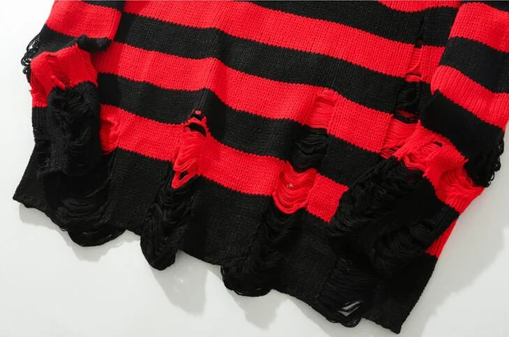 HIGH STREET RIPPED BLACK RED STRIPED LOOSE SWEATER