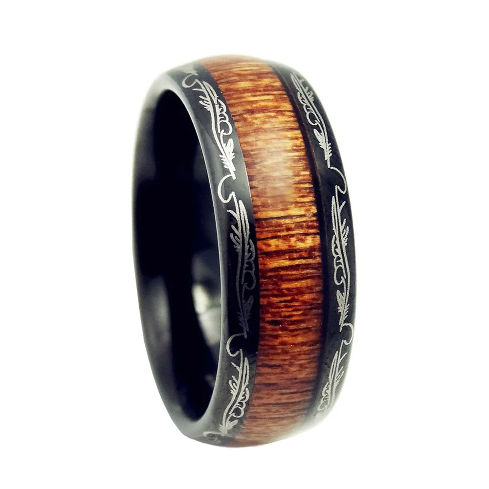 8MM Mens Black Laser Polished Edge Tungsten Ring Wood Inlay | Tungsten ...