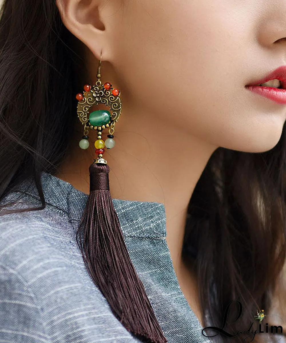 Unique Jade Silk Rope National Style Tassel Drop Earrings - Ladylim