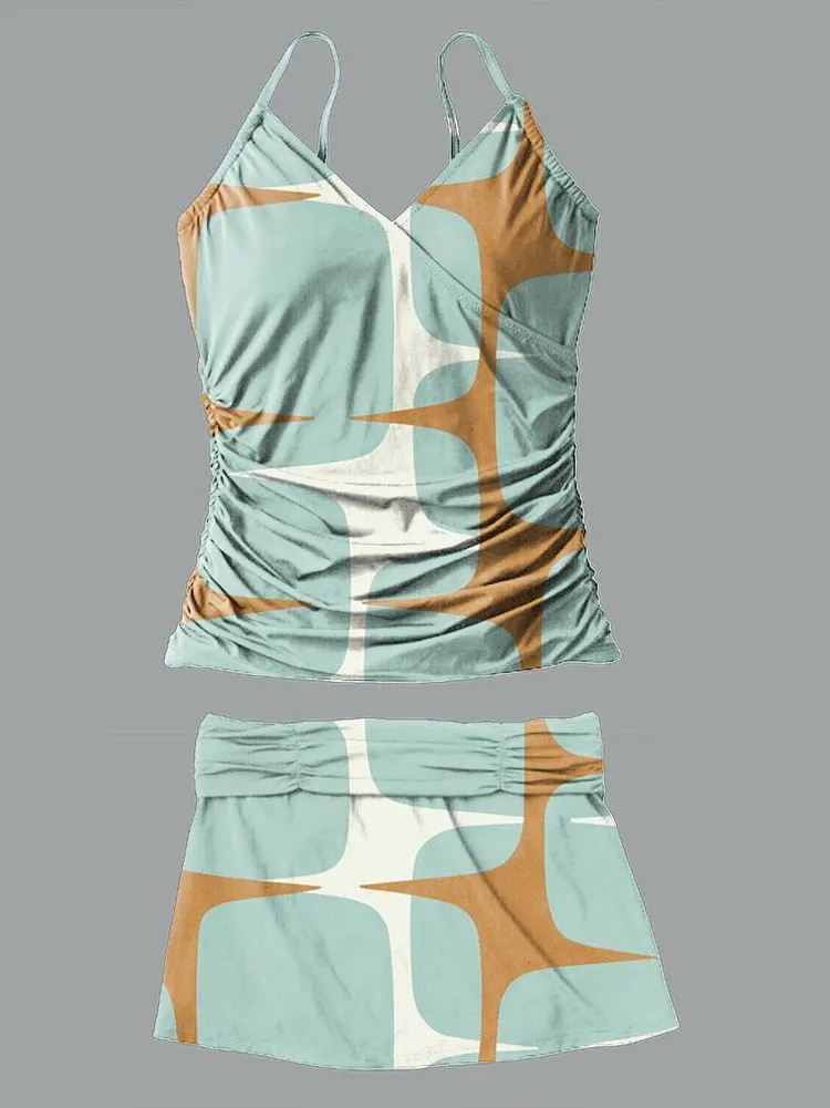 V-Neck Light Blue Retro Pattern Art Print Pleated Tankini Set Swimsuit