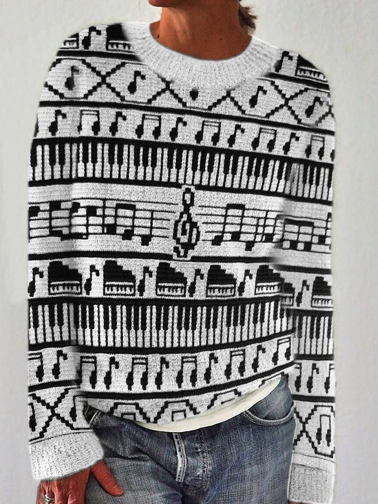 Vintage Music Notes & Piano Inspired Cozy Knit Sweater