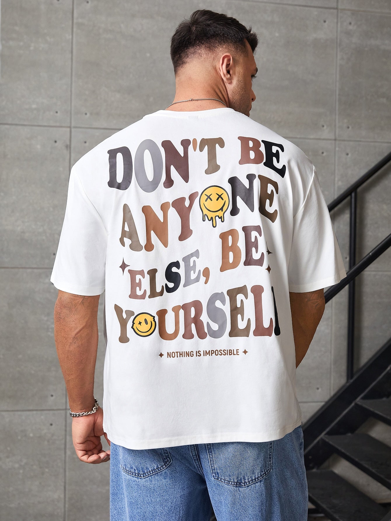 Extended Sizes Men Slogan & Cartoon Face Print Tee