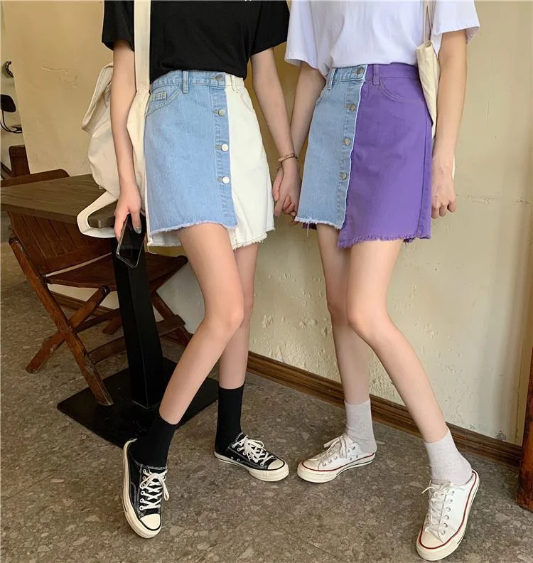 BUTTONED COLORBLOCK DENIM SKIRT