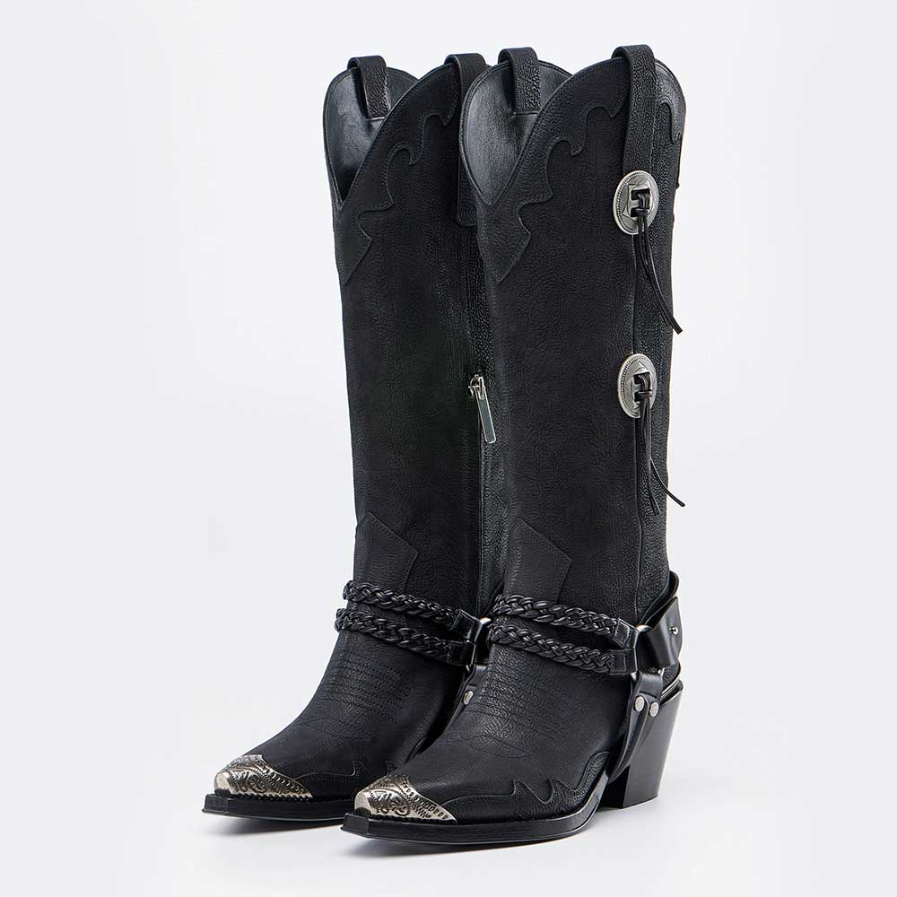 Black Engraved Hardware Block Heel Women's Western Boots with Braid