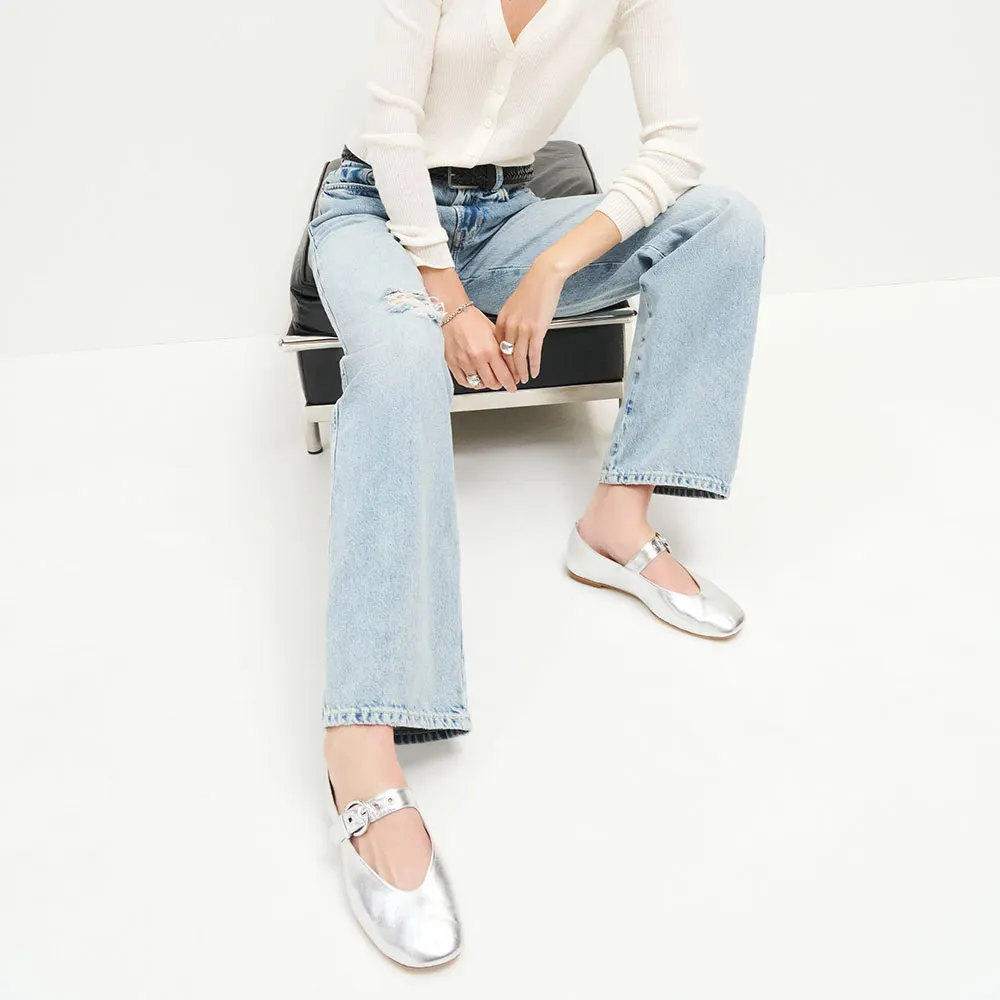 Silver Square Toe Ballet Flats Stylish Buckle Mary Jane Shoes