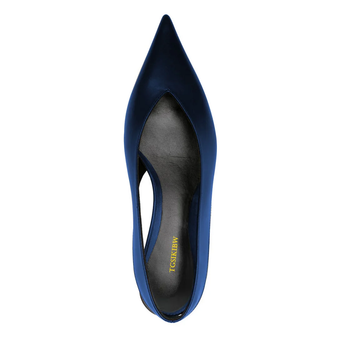 Royal Blue Vegan Leather Pointed Toe Wedge Pumps with Slingback